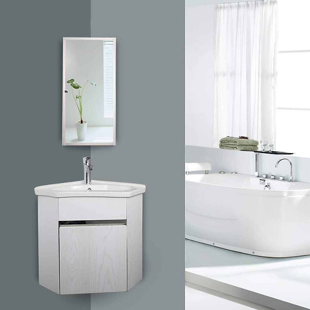 11.81" x23.6"x8.2" Bathroom Corner Medicine Cabinet W/Mirror Bright Stainless Steel Wall Mounted Mirror Cabinet Hanging Triple Shelf Storage Cabinet Cupboard (Right Door)