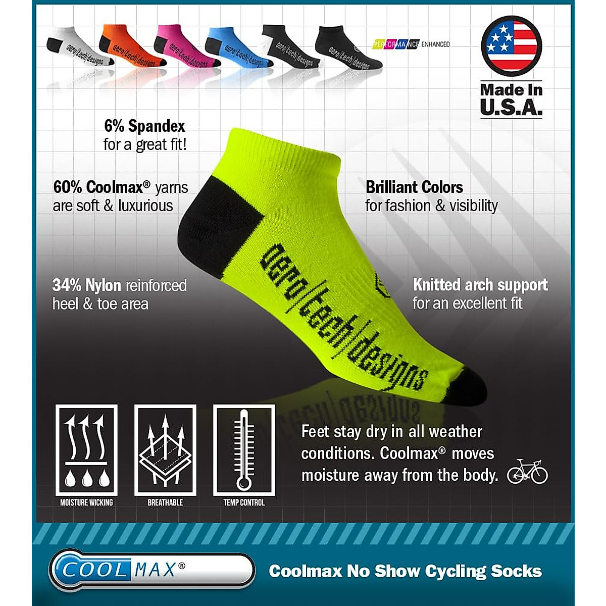 AERO|TECH|DESIGNS | Coolmax Athletic Socks | Low-Cut No-Show | Adult Unisex | X-Large | White