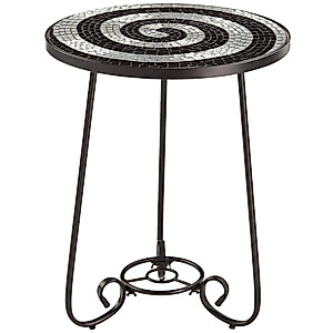 Teal Island Designs Spiral Modern Black Metal Round Outdoor Accent Side Table 17 3/4" Wide Black White Mosaic Tile Tabletop Gracefully Curved Legs for Spaces Porch Patio Home House Balcony Deck