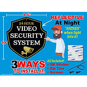 Warning 24 Hour Security Camera Sign | Professional Classic Design | Heavy Duty Dibond Aluminum | Home Property Surveillance Signs | Video Surveillance Wall Sign “REFLECTIVE” |