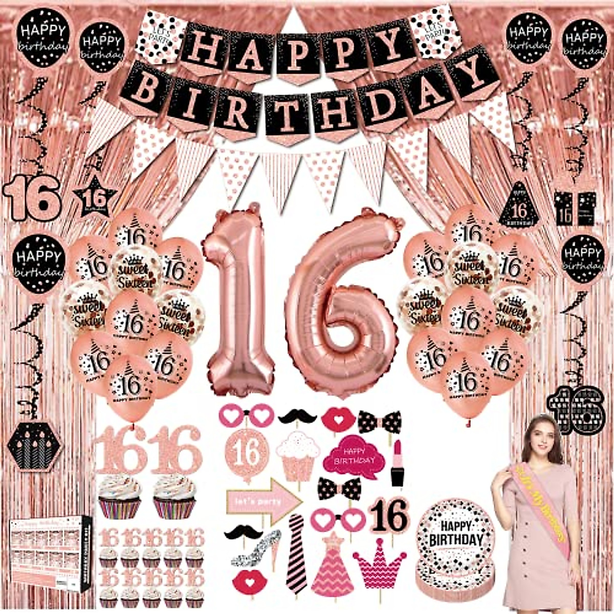 Sweet 16 Birthday Decorations Girls - (76pack) Rose Gold Party Banner, Pennant, Hanging Swirl, Birthday Balloons, Foil Backdrops, Cupcake Topper, Plates, Photo Props, Sash, Happy 16th Birthday Gifts