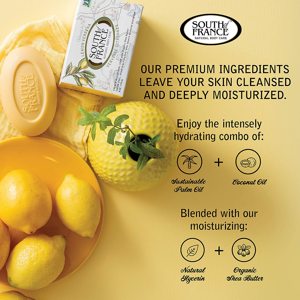 Lemon Verbena Clean Bar Soap by South of France Clean Body Care Triple-Milled French Soap with Organic Shea Butter + Essential Oils Vegan, Non-GMO Body Soap 6 oz Bar 4 Pack