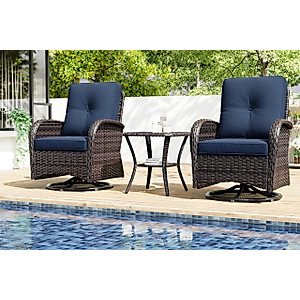 MeetLeisure Patio Swivel Glider Wicker Chairs - Outdoor Swivel Rocking Chairs Set of 2 with Wicker Side Table, Outdoor Swivel Rocker Chair Set 3 Piece Patio Furniture Set(Brown/Blue)