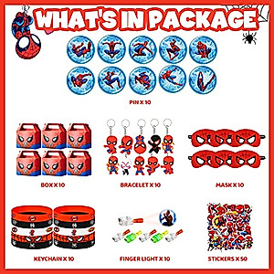 Spider Birthday Party Supplies,110Pcs Party Favors,Include 10 Button Pins,10 Finger Lights,10 Keychain,10 Spider Masks,50 Stickers and 10 Gift Boxes for Kids,Best For Fill Up the Goodie Bags for Spider Themed Party