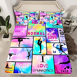 Erosebridal Gymnastics Bedding Set for Girls Women, Rainbow Tie Dye Bed Sheets Twin Size Gymnast Dancers Fitted Sheet Geometric Checkered Patchwork Bedding Decor Set with 1 Pillow Case, Pink Purple