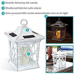 Sunnydaze Lucien Outdoor Solar LED Decorative Candle Lantern - Rustic Farmhouse Decor for Patio, Porch, Deck and Garden - Tabletop and Hanging Outside Light - Set of 2 - White - 9-Inch