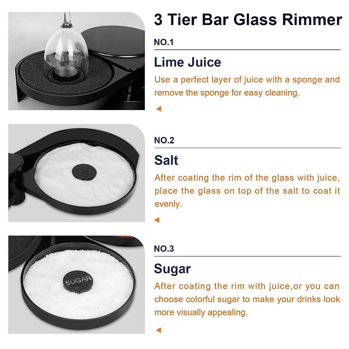 3-Tier Bar Glass Rimmers for Cocktail, Sugar Salt Rimmer