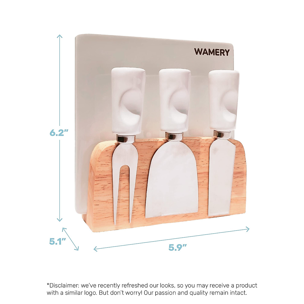 Wamery Cheese Knife Set - 3 Stainless Steel Cheese Knife Set for Charcuterie Board and Small Ceramic Cheese Cutting Board with Magnetic Wooden Holder Portable for Pairing with Wine Meat Fruit