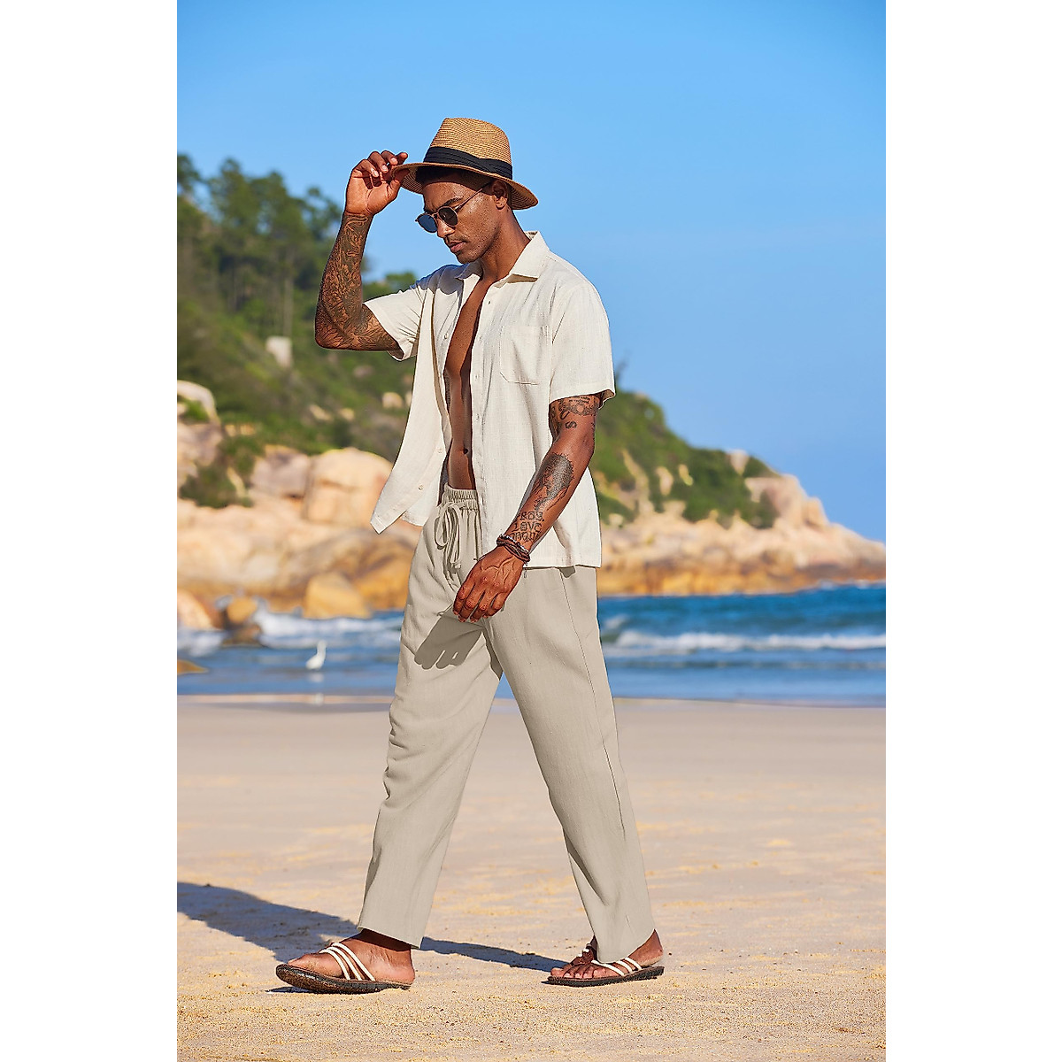 COOFANDY Men's Cotton Linen Baggy Pants Relaxed Fit Vacation Beach Trousers Khaki