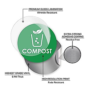 Recycle and Trash Can Compost Sticker - 4"x4" Adhesive Round Labels - 6 Pack Bundle Set - Indoor Home Kitchen & Office Disposal Bins (Pixelverse Design)