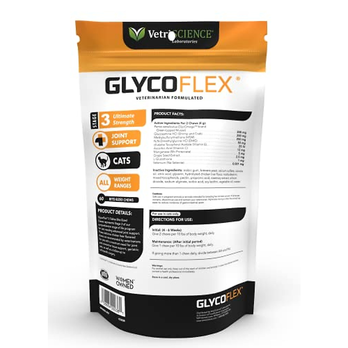 VETRISCIENCE Glycoflex 3 Maximum Strength Hip and Joint Supplement with Glucosamine for Cats - DMG, MSM & Green Lipped Mussel