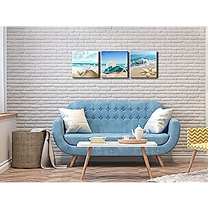 Pyradecor 3 Panels Starfish Seashell Bottle Beach Pictures on Canvas Wall Art Modern Seascape Stretched and Framed Giclee Canvas Prints Seaview Landscape Artwork for Bedroom Home Office Decorations