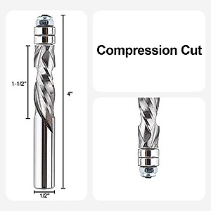 SpeTool Spiral Flush Trim Router Bit, 1/2 Inch Shank 1-1/2 Inch Cutting Length Extra Long 4 Inch, Solid Carbide UP&Down Compression Router Bits for Woodwork CNC Triming