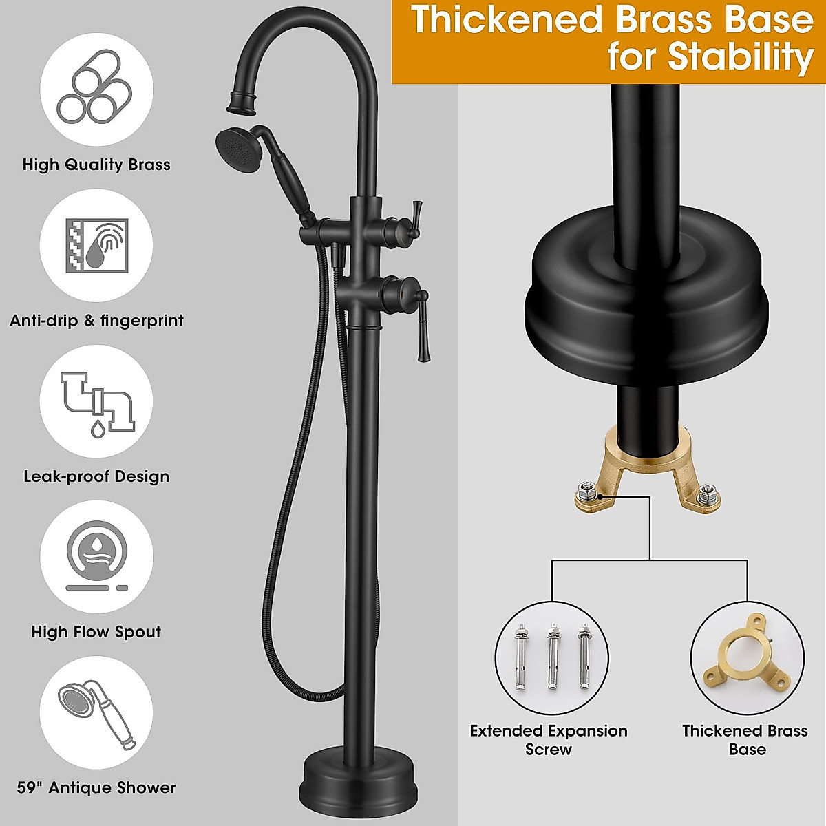 Freestanding Tub Faucet, Floor Mount Tub Faucet Matte Black High Flow Tub Filler, Roman Tub Faucet with Antique Handheld, Swivel Gooseneck Spout Shower Mixer Taps (B2311-BK)