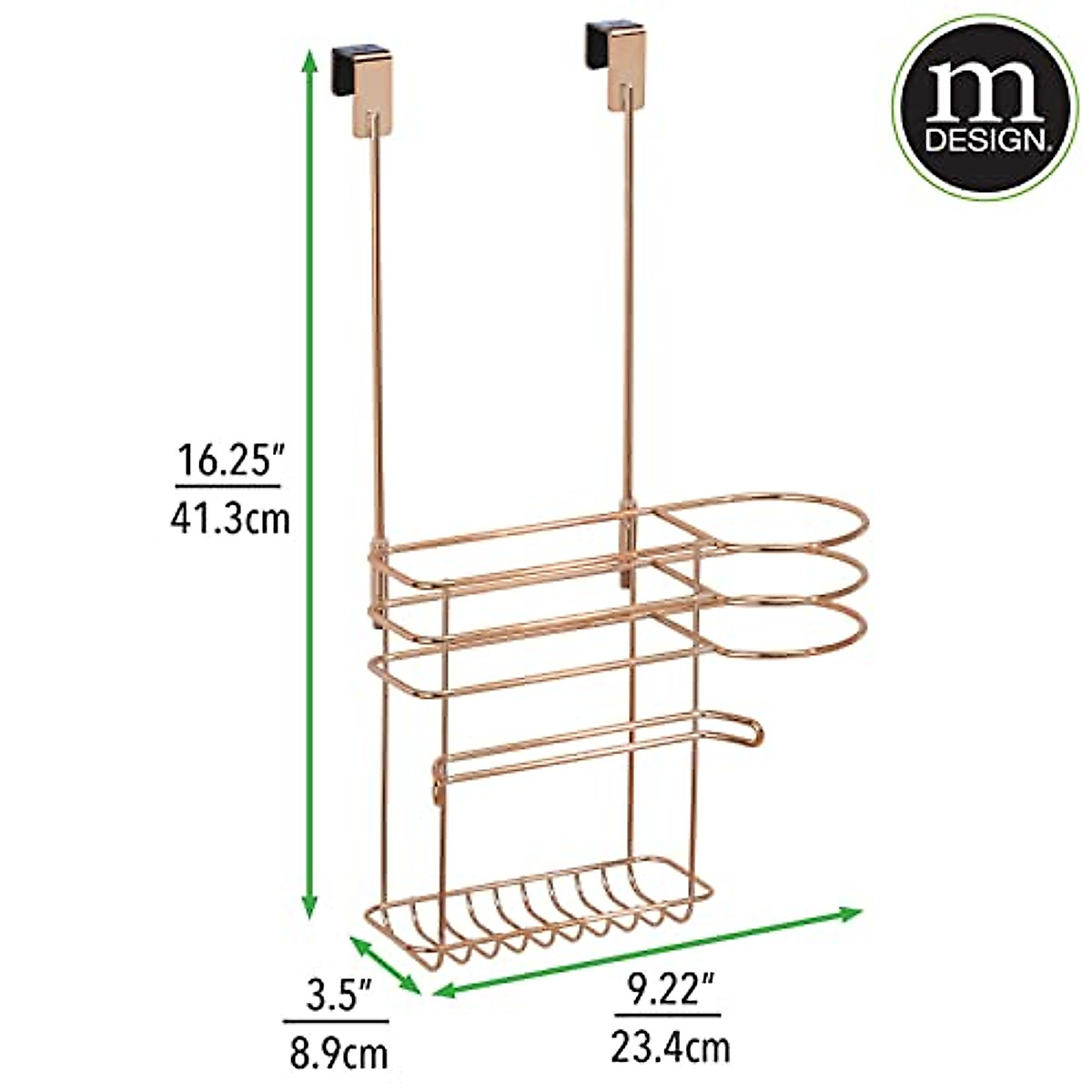 mDesign Metal Bathroom 2 Section Storage Tool Organizer Basket Tray - Hang Over Cabinet Door - Storage for Hair Dryer, Straightener, Curling Iron, Styling Products - Concerto Collection - Rose Gold