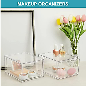 Acrylic Makeup Organizer, 4.4'' Tall Bathroom Clear Plastic Storage Bins, Set of 2