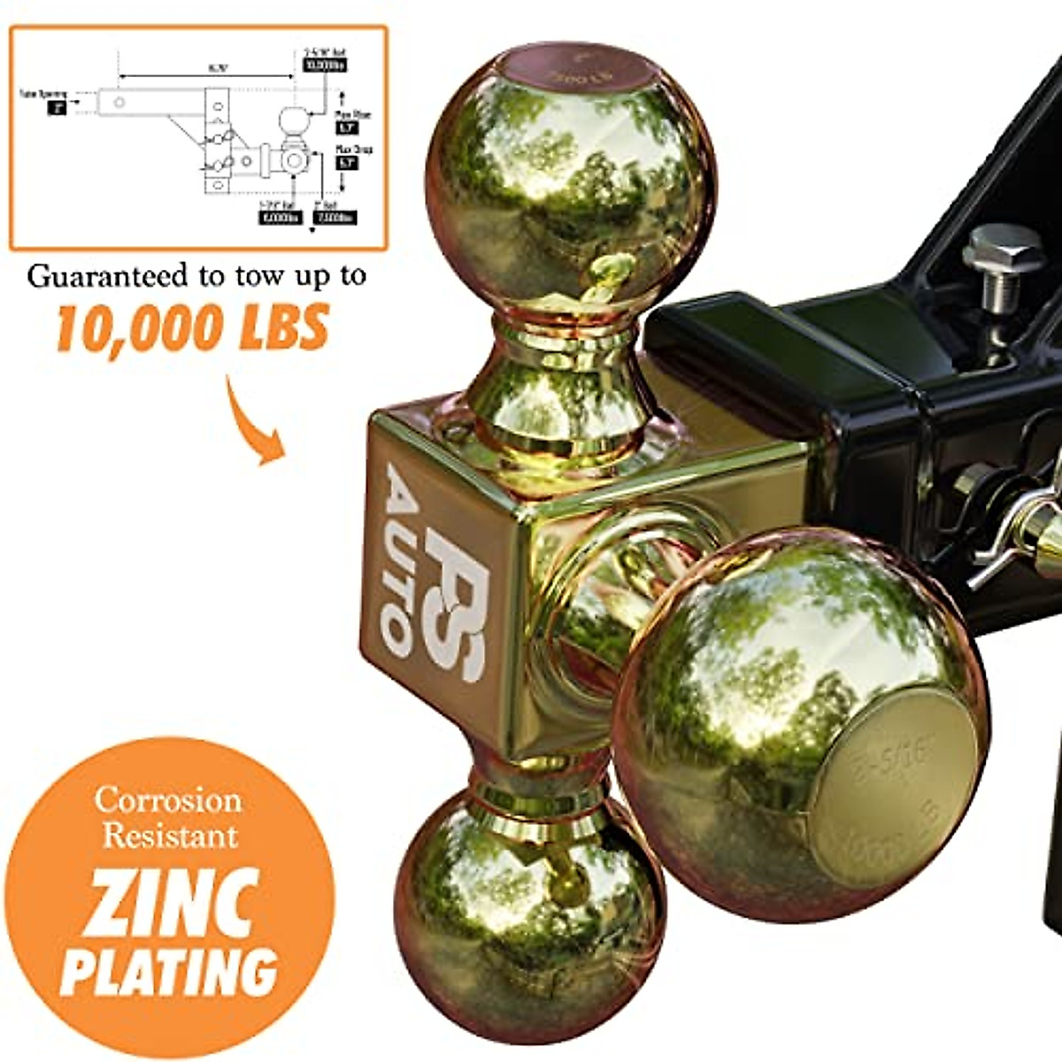 Tri-Ball Adjustable Trailer Hitch – Fits 2-inch Receiver, 5.70-inch Drop, Trailer Hitch, Tri-Ball Hitch, Adjustable, Ball Mount Hitch - 10,000 LBS, 1-7/8, 2 and 2-5/16 inch Balls, Solid Tube Hitch