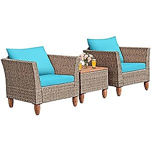 Tangkula 3 Piece Patio Furniture Set, Outdoor Wicker Rattan Bistro Sofa Set w/Washable Cushion, Acacia Wood Top Coffee Table, Conversation Set w/Adjustable Feet for Balcony Backyard Porch (Turquoise)