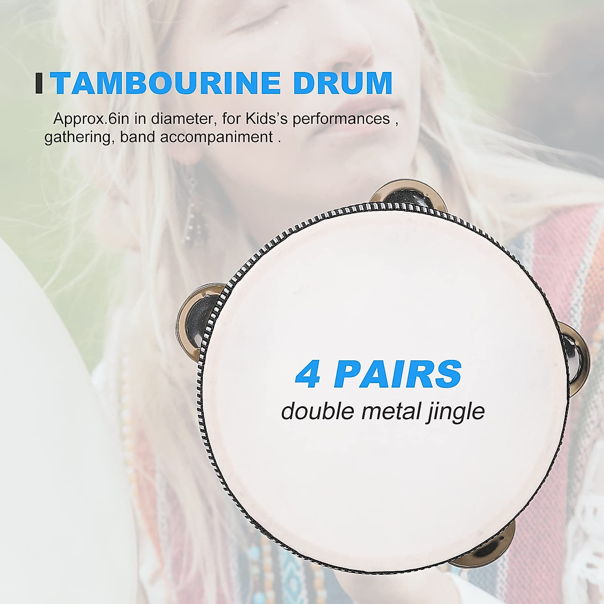 Tambourine for Adults Wooden Tambourine Hand Held Drum Bell Birch Metal Jingles Percussion Percussion Gift Musical Educational Instrument for Church Party(6 inch)