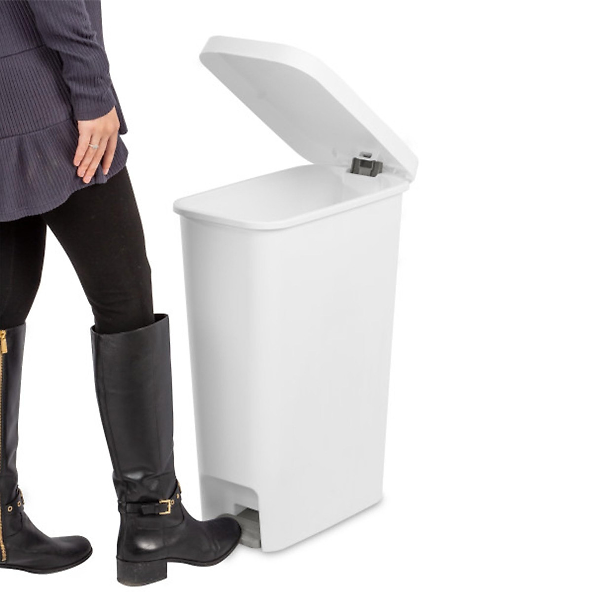 Sterilite 11 Gallon Slim Narrow StepOn Hands Free Portable Kitchen Wastebasket Trash Can Garbage Bin Container with Oversized Lid, White (4 Pack)