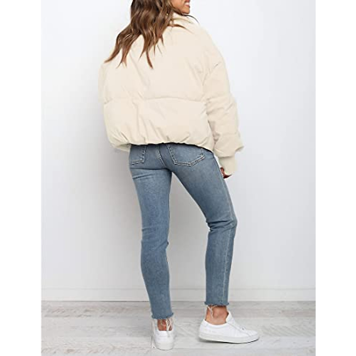 ZESICA Women's Winter Warm Long Sleeve Zip Up Drawsting Baggy Cropped Puffer Down Jacket Coat Outerwear,Cream,X-Small