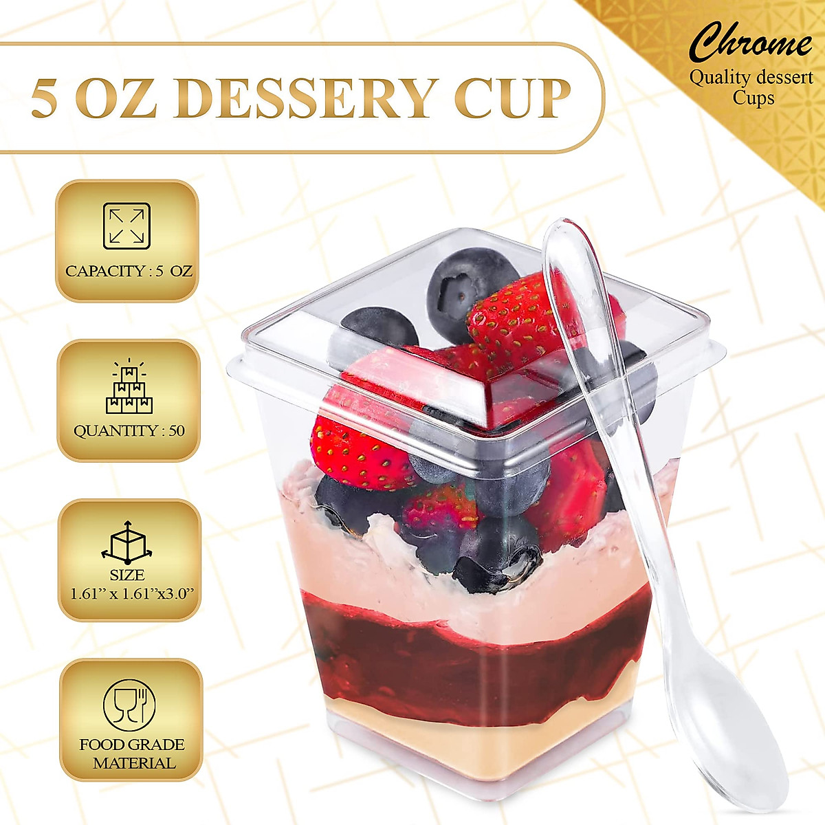 Chrome 50Pack 5oz Plastic Dessert Cups with Lids & Spoons - Ice cream Cups with Stickers, Serving Fruit Trifle Mousse Pudding and More (5oz/ 150ml)