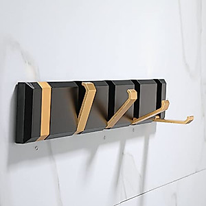 Beelee Coat Rack Wall Mount Floating Hook Rack, Space-Saving Towel Hanger Folding Coat Hooks for Coats,Scarves,Hat and More,Black and Gold Finish
