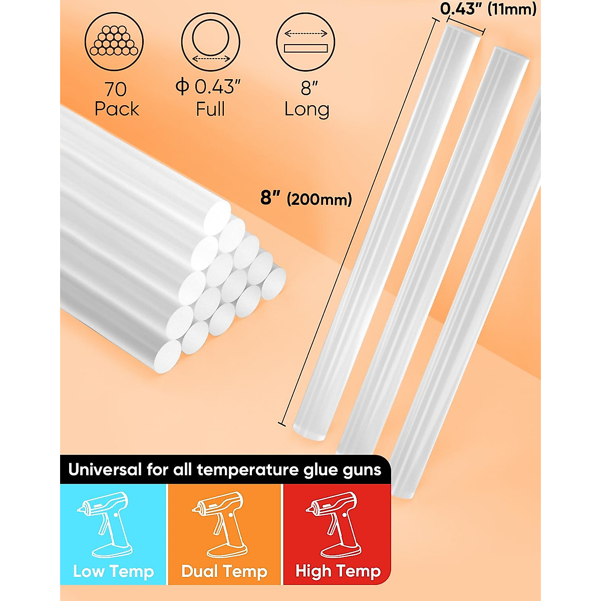 SHALL Full Size Hot Glue Sticks, 0.43” Dia x 8” Long, 70-Pack Clear Hot Melt Glue Gun Sticks for All-Temp Glue Guns, Multipurpose for Kids Adults DIY Art Craft Sealing Repairing Festival Decoration