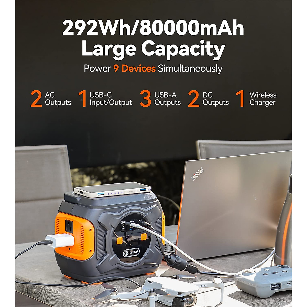 FF FLASHFISH 320W Portable Power Station, 292Wh 80000mAh Solar Generator With AC/DC/100W USB-C/Wireless Charger/SOS Light, CPAP Battery Pack Backup Power For CPAP Outdoor Adventure Camping Emergency