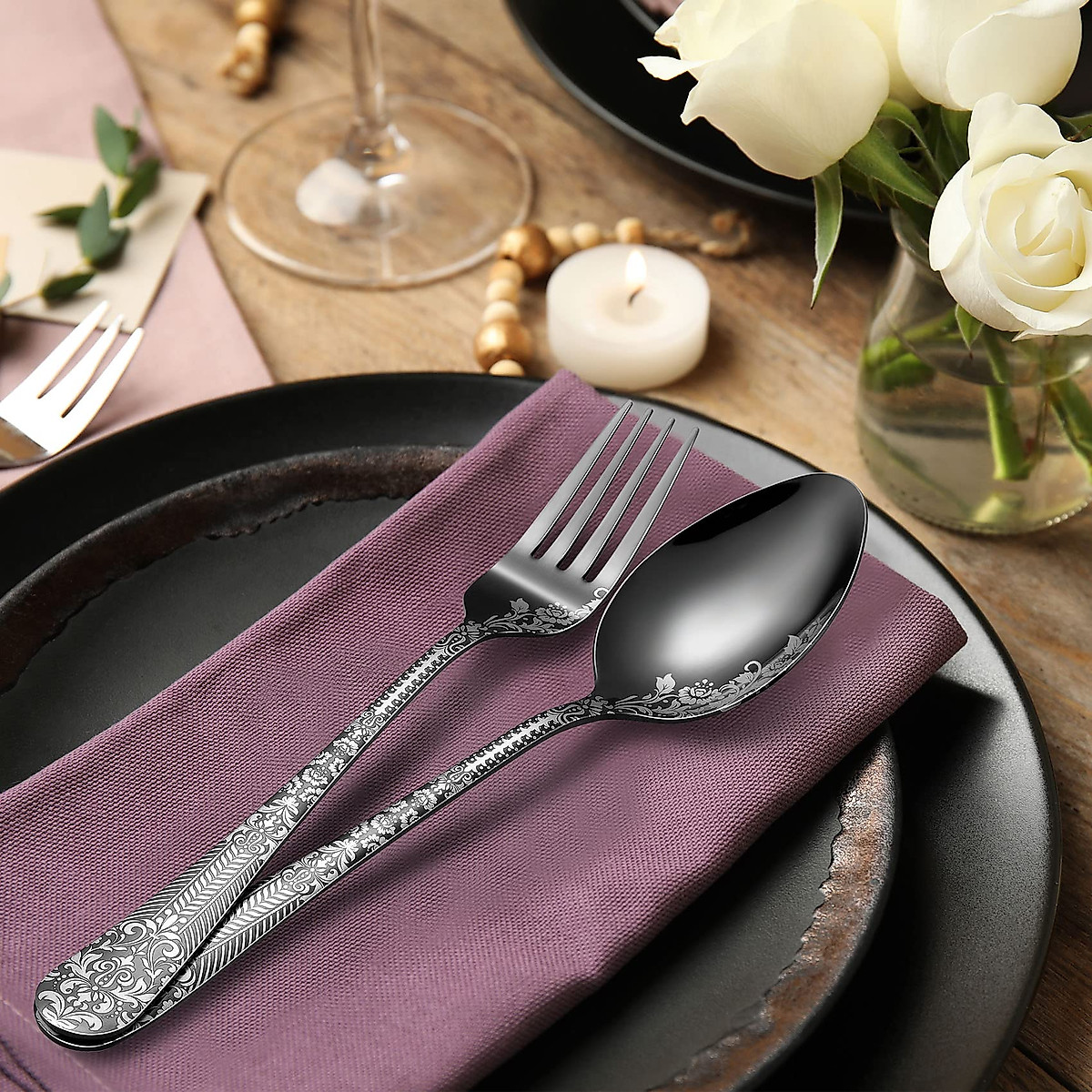 Fivent 24-Piece Black Floral Damask Rose Silverware Set, Service for 4, Stainless Steel Flatware Set with Steak Knives, Mirror Polished Cutlery Set, Hand Wash Recommended