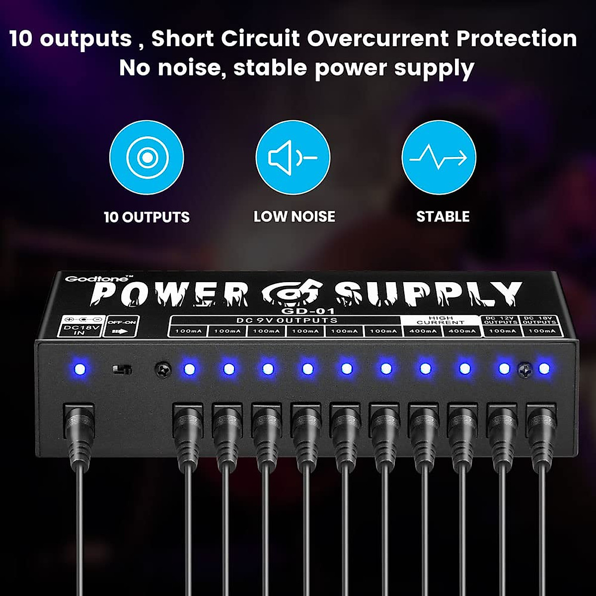 Guitar Effect Pedal Power Supply 10 DC Output for 9V 12V 18V Pedals with Short Circuit Overcurrent Protection Separate GD-01