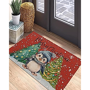 Kitchen Rug,Penguins Merry Christmas Tree Non Slip Doormat Absorbent Carpet,Winter Snowflakes Red Back Front Door Mat Washable Floor Mat for Bathroom Bedroom Entryway 20x32in