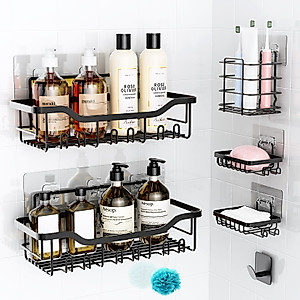 JELLYMONI Shower Caddies 7 PCS Black Stainless Steel Shower Shelves Adhesive Shower Organizer Extra Large Capacity Bathroom Shower Storage Rack Decor With Bath Sponges Towel Hooks