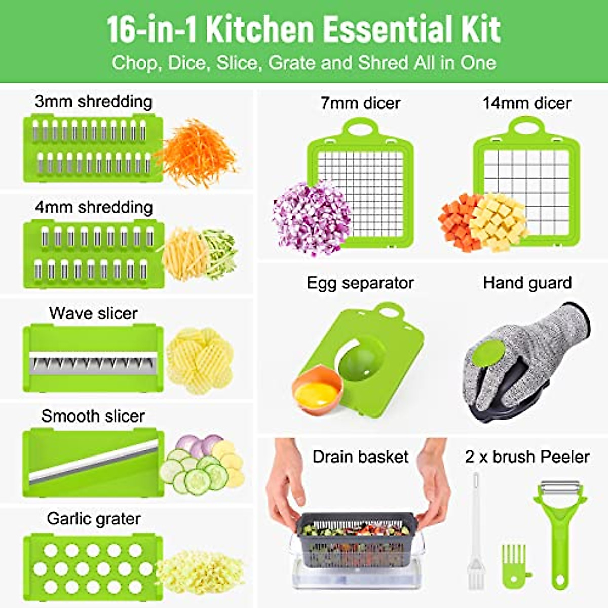 Amzeth Vegetable Chopper, 16 in 1 Food Chopper, Pro Onion Chopper, Kitchen Vegetable Cutter Slicer Dicer, Veggie Chopper with 8 Blades, Potato Carrot Garlic Chopper with Container (Gray)