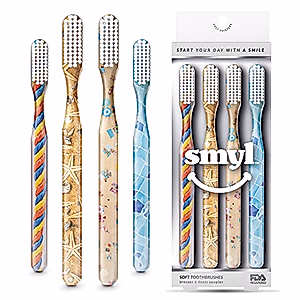 SMYL Toothbrush, Toothbrushes for Adults with Nylon Bristles, Oral Care and Plaque Removal, Day at The Beach Design, Pack of 4