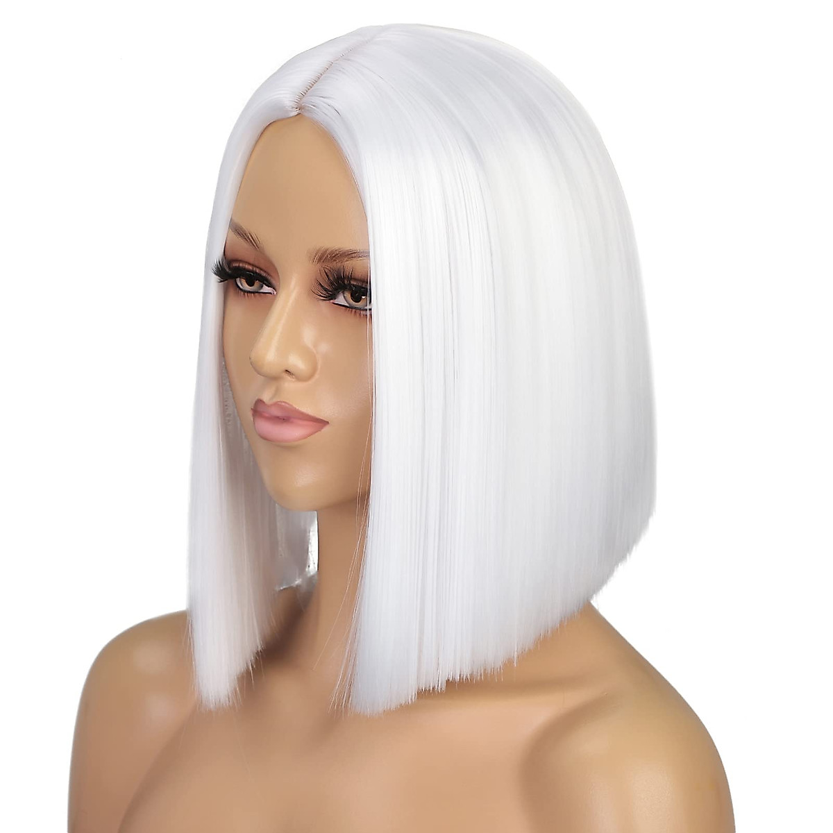 ENTRANCED STYLES White Wig Short Bob Wigs for Women 12Inch Heat Resistant Middle Part Straight Synthetic Wig Party Costume Halloween Cosplay Wig