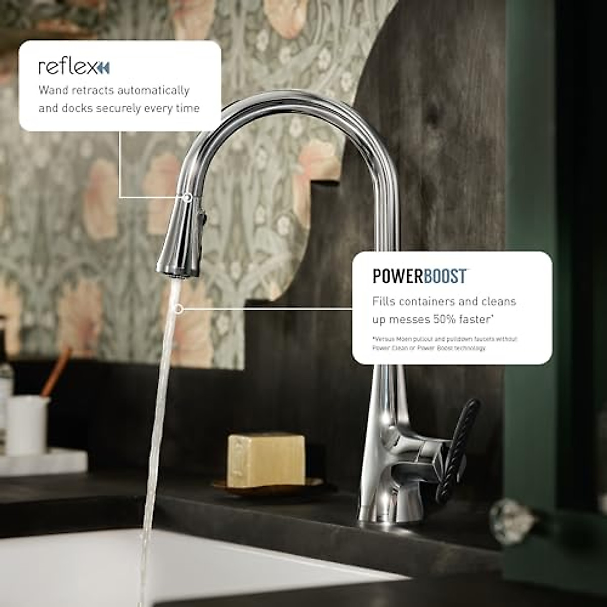 Moen Sleek Chrome One-Handle High Arc Pulldown Kitchen Faucet Featuring Power Boost, Modern Kitchen Sink Faucet with Pull Down Sprayer, 7864