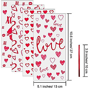 Aneco 100 Pack Valentine Cellophane Bags Valentine's Day Candy Cookie Bags 4 Styles Valentine Gift Bags Plastic Clear Cellophane Bags with Twist Ties for Valentine Party Favor Supplies