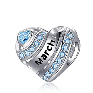925 Sterling Silver Heart Charms for Charms Bracelet-Birthstone Bead Charms Fit For Pandora Bracelets and Necklaces, March Birthstone Jewelry For Women. (March)