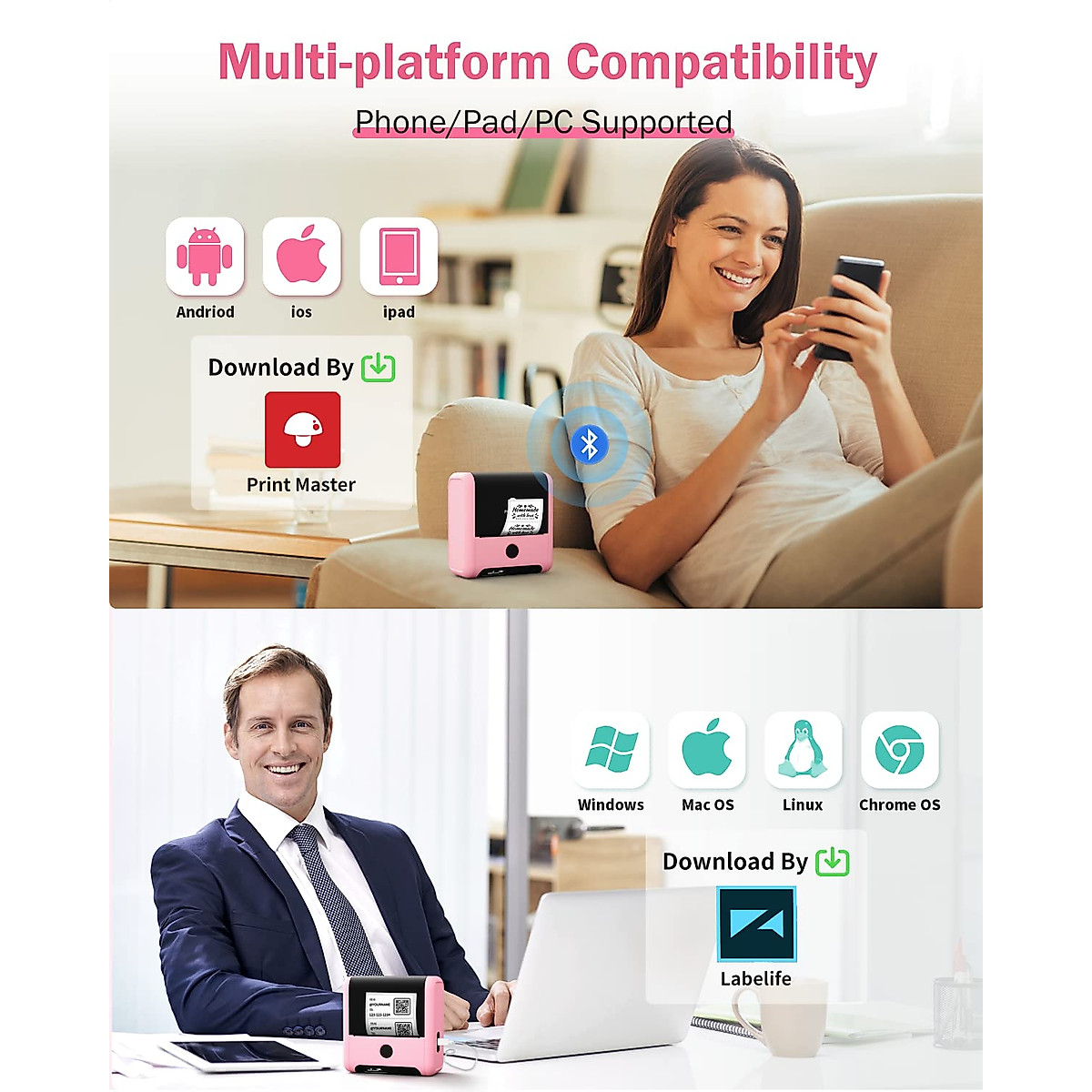 Phomemo M200 Label Makers - 3 Inch 2024 Upgrade M110 Barcode Printer Computer Bluetooth Thermal Label Makers,for Android iOS Windows MAC OS,for Shipping,Labeling,QR Code(Type-C Charger)-Pink