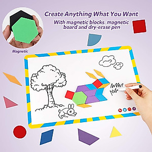 Vanmor 216PCS Magnetic Pattern Blocks Set Complete with 298 Pattern Book & Magnet Board, Magnetic Shapes for Kids, Educational Montessori Tangram Toy for Children Aged 3-8