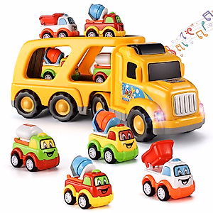 Construction Truck Toys for 1 2 3 4 5 6 Year Old Boys, 5-in-1 Friction Power Toy Vehicle in Carrier Truck Toys for Kids 3-5 Years, Car Toys Set for Age 3-9, Christmas Birthday Gifts