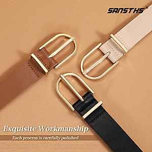 SANSTHS 3 Pack Women Faux Leather Chic Belts for Jeans Pants Fashion Ladies Belt Solid Color with Gold Curved Pin Buckle,Black Brown Beige,M