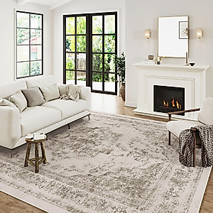 PureCozy Vintage Area Rug 8x10 Indoor Bedroom Rug Taupe Medallion Washable Living Room Carpet Retro Accent Throw Rug Distressed Rug for Office Dining Room Nursery
