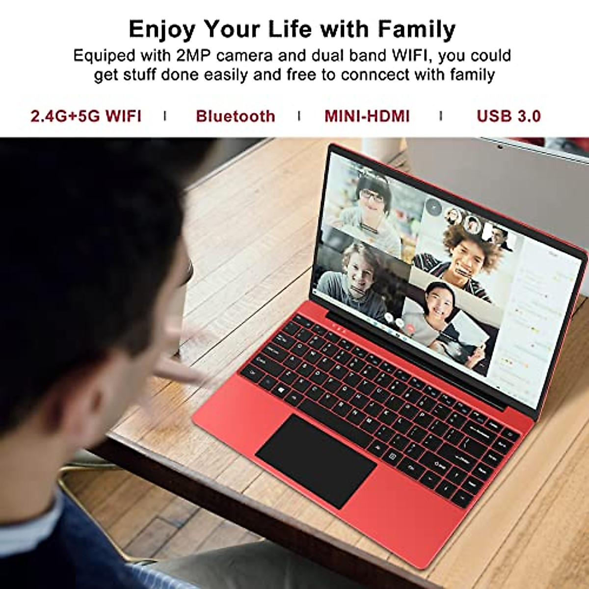 Ruzava Windows 10 Laptop Computers, 14" 6GB RAM 128GB SSD Support 1TB SSD Expansion, 1920x1080 FHD Traditional Laptop for Work Study Entertainment-Red