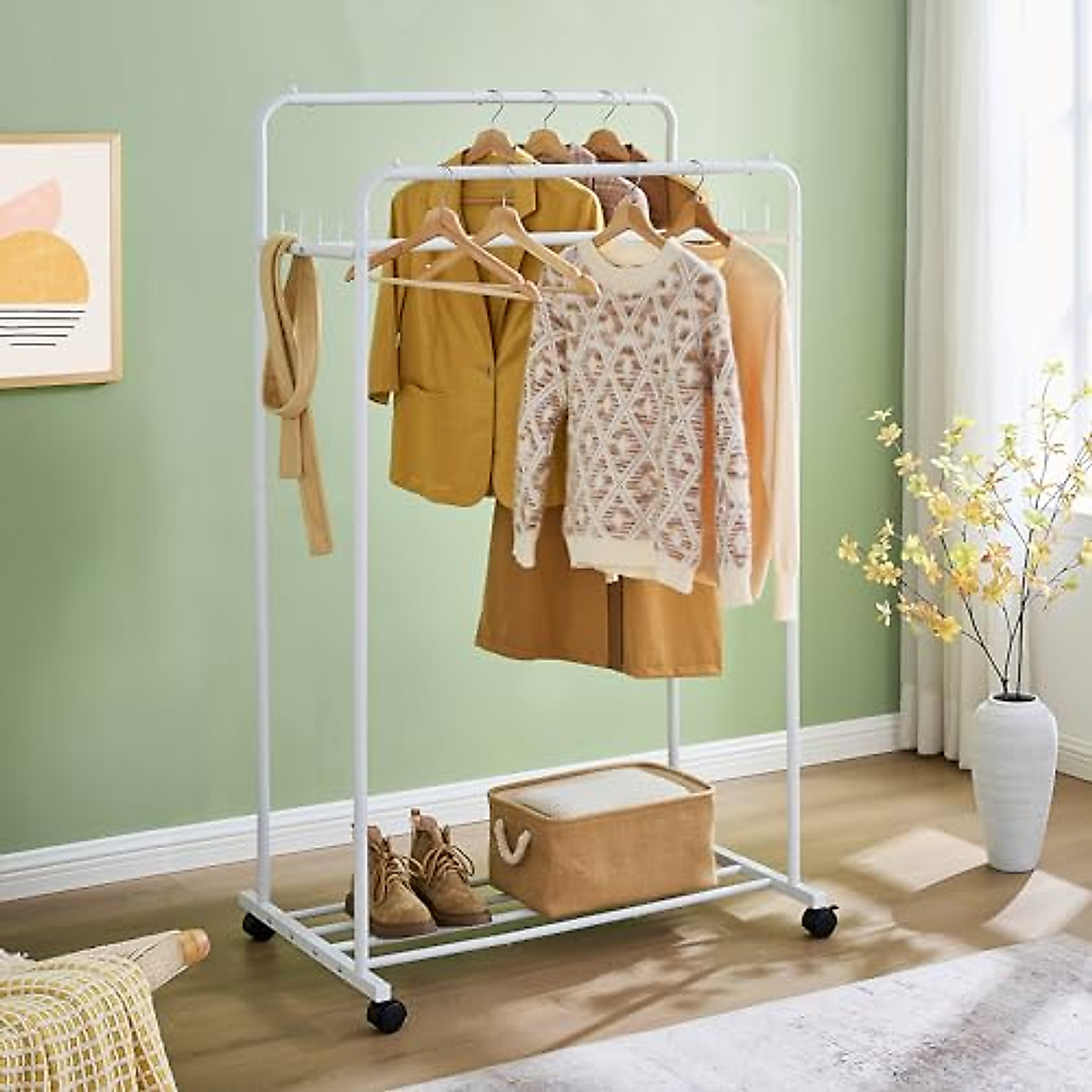 Hoctieon Double Rod Clothes Rack, 2 IN 1 Clothing Rack with Shelves and Wheels for Easy Mobility, Multi-functional Bedroom Garment Rack with 8 Hooks, White