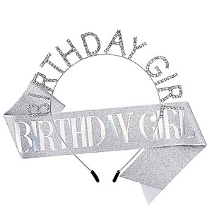 ccHuDE Birthday Girl Tiara and Sash Kit Rhinestone Birthday Crown Birthday Queen Glitter Sash Birthday Girl Headband Birthday Tiara for Women Girls Silver