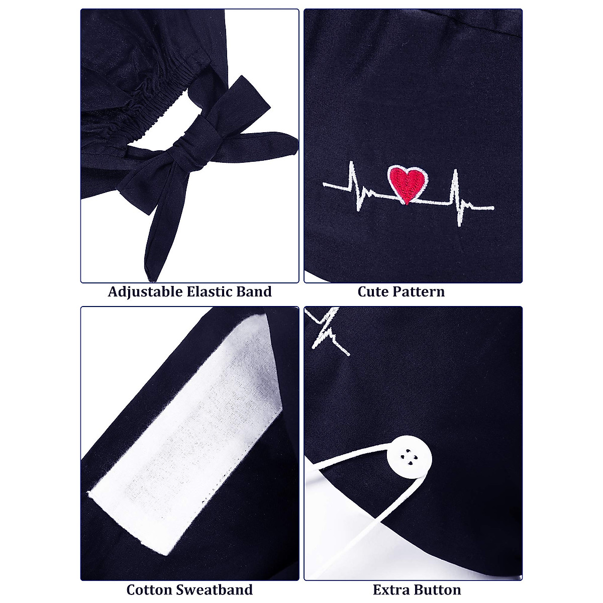 SATINIOR Womens 5 Pieces Bouffant Buttons Sweatband Adjustable Tie Back Cap, Navy Blue, Medium