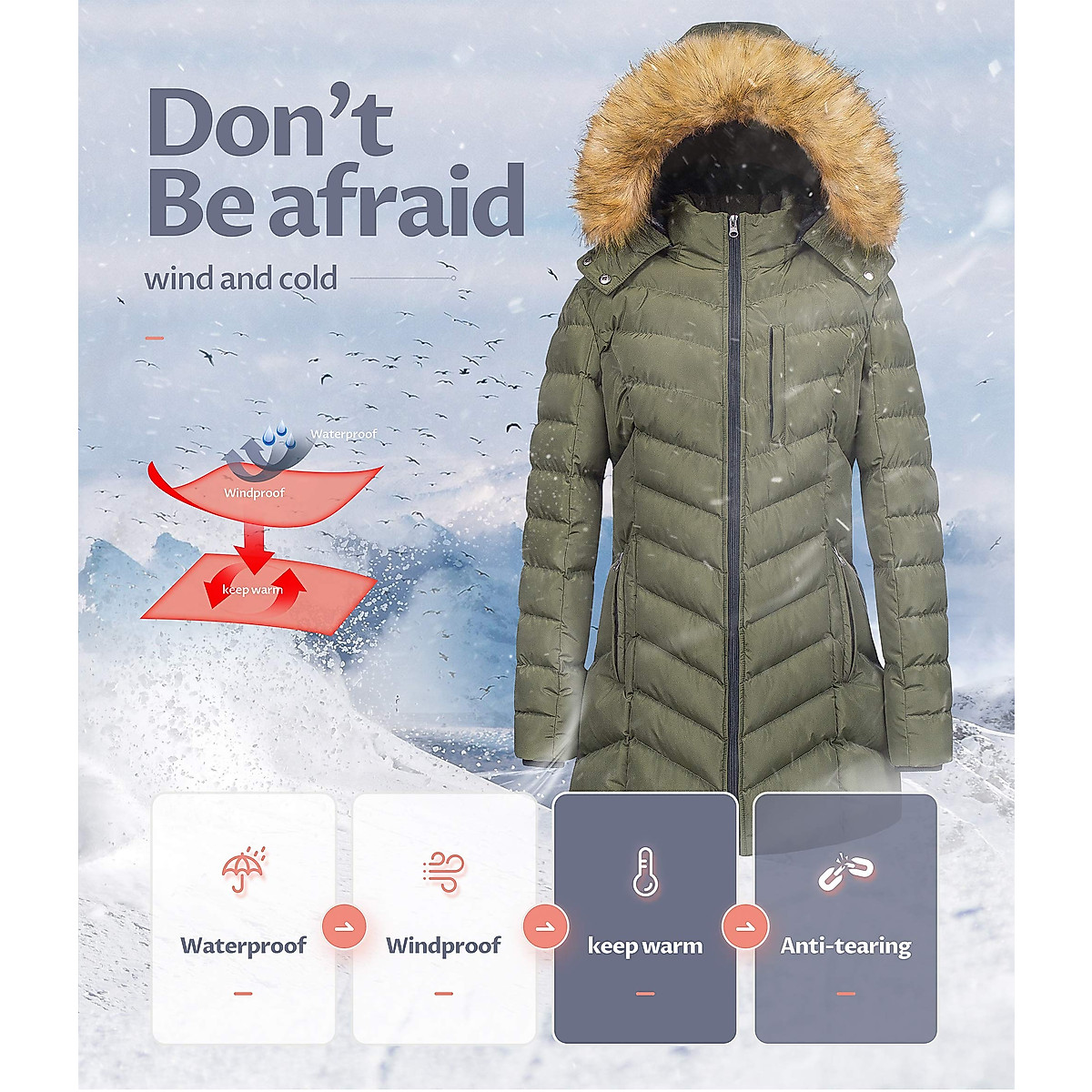 CREATMO US Women's Hooded Puffer Jacket Water-Resistant Insulated Quilted Coat Army Green XL