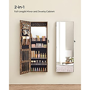SONGMICS Jewelry Cabinet Armoire, Wall/Door Mount Storage Organizer with Full-Length Mirror, Lockable Cabinet with Built-in Small Mirror, Shelves, Gift Idea, Rustic Brown UJJC003X01
